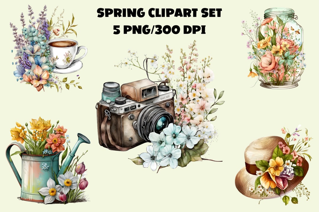 Happy Spring Clipart Watercolor Set, Floral Clipart PNG, 5 Wonderful ...