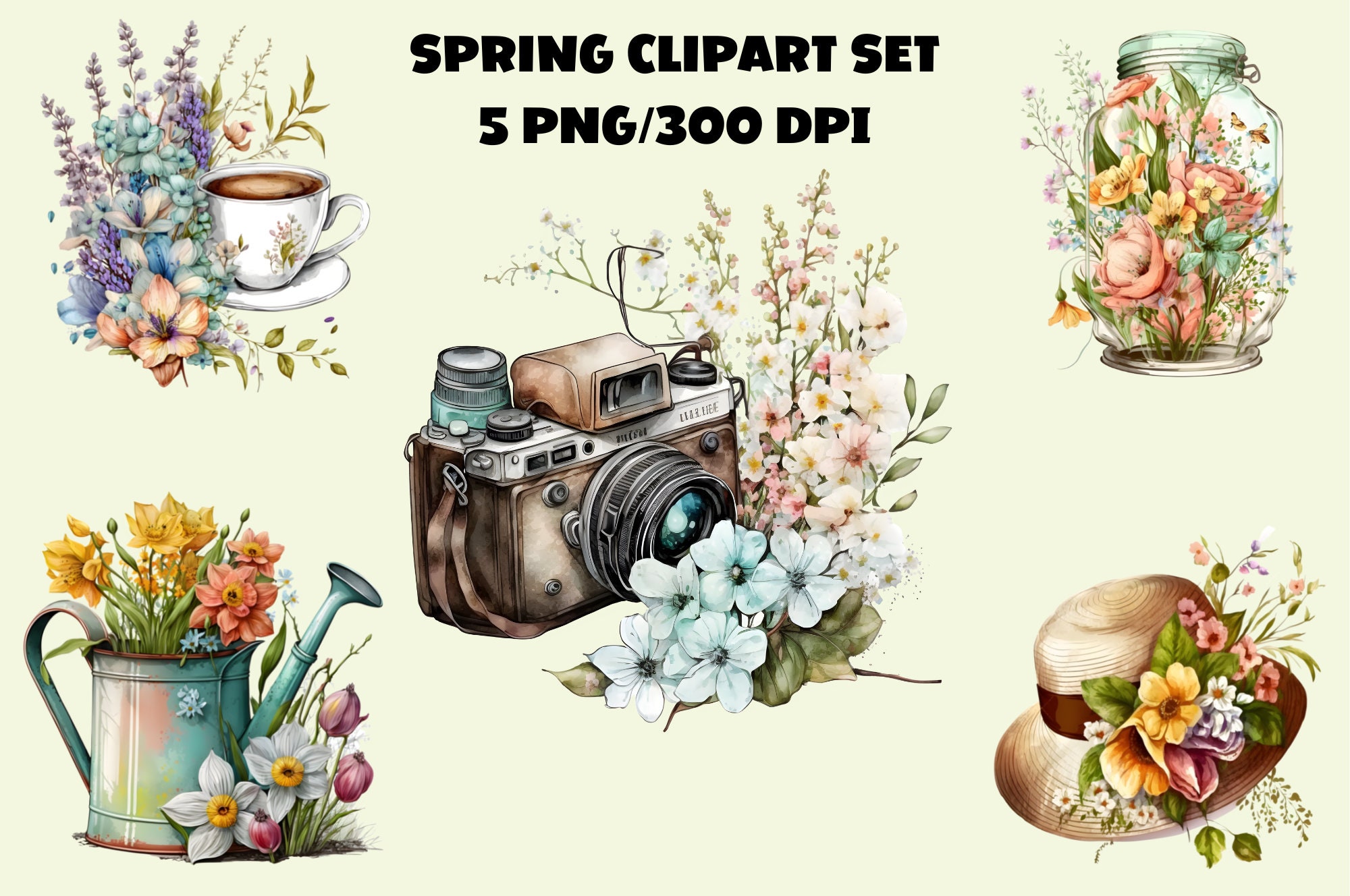 Happy Spring Clipart Watercolor Set Floral Clipart PNG 5 - Etsy