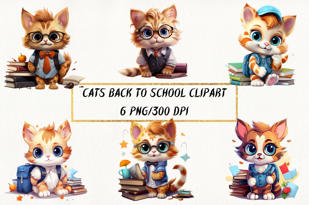 Cute Cats Back to School Clipart, Adorable School Cats PNG Bundle for ...