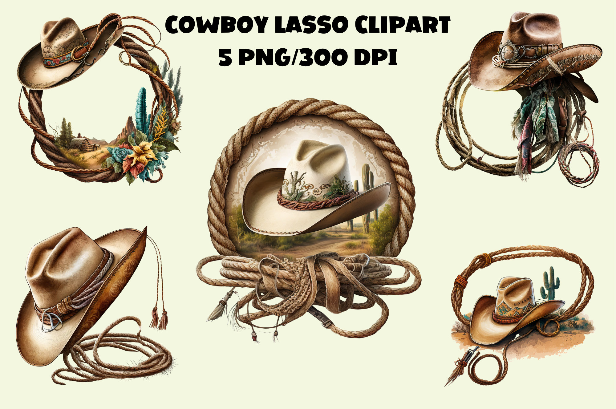 Cowboy Hat Watercolor Clipart Bundle, Rodeo, Western, Lasso PNG Pack ...
