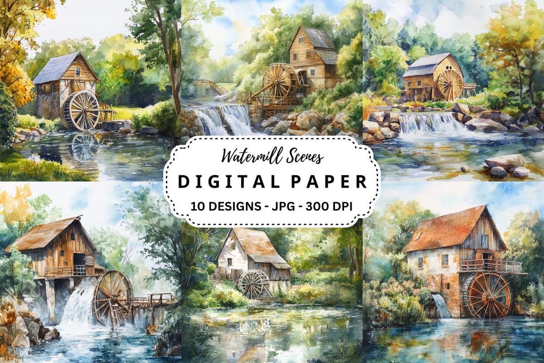 Watermill Scenes Digital Paper: JPG Backgrounds for Scrapbooking ...