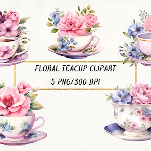 Watercolor Floral Teacup Clipart: Tea Party PNG Bundle (digital ...