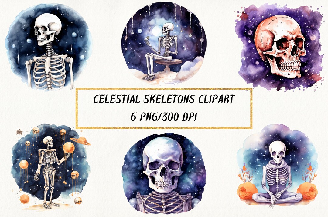 Watercolor Celestial Skeletons Clipart: Fantasy PNG Bundle (digital ...