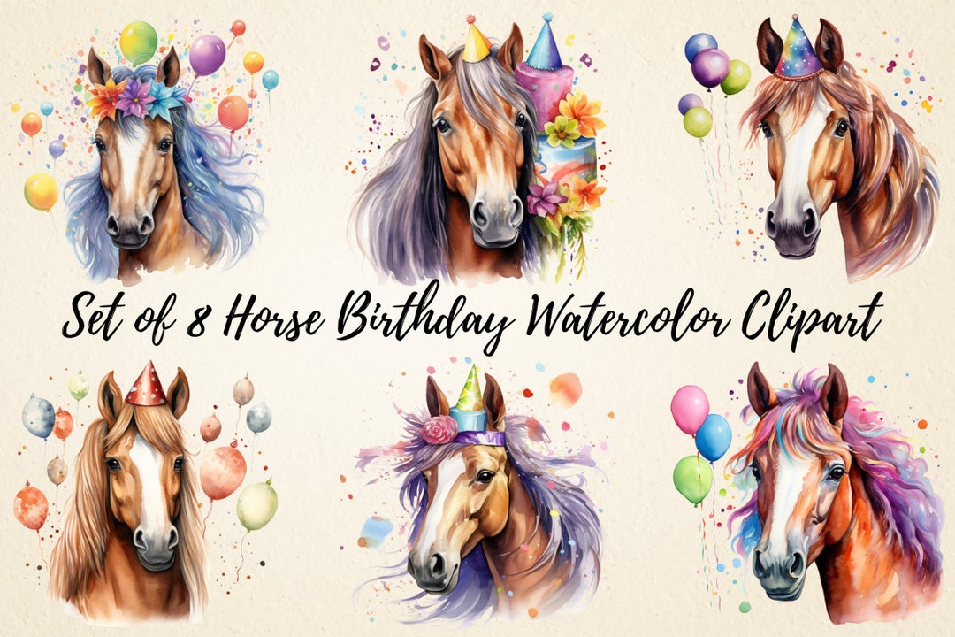 Horse Birthday Watercolor Clipart, Happy Birthday Horse PNG Bundle ...