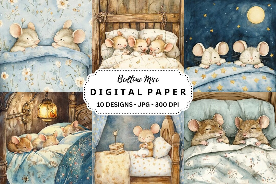 Sleepy Mice Watercolor Clipart: Bedtime JPG Bundle (digital Download ...