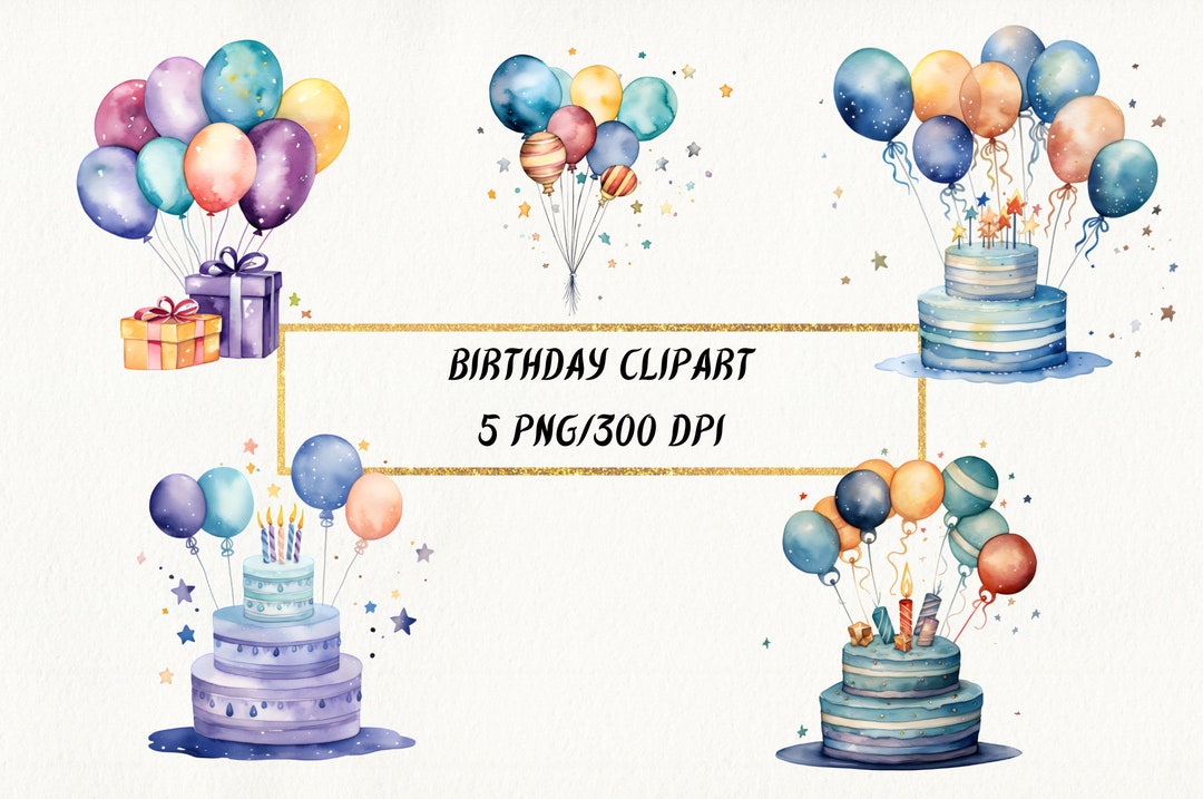 Watercolor Birthday Clipart, Happy Birthday PNG Bundle for Commercial ...