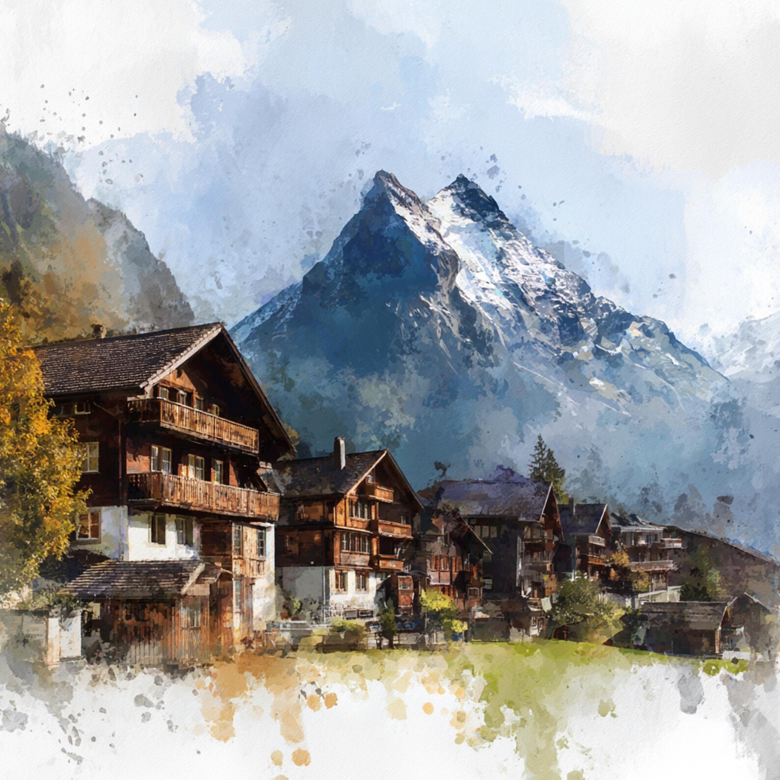 Swiss Alps Watercolor Images: Village Scenes for Scrapbooking (JPG ...