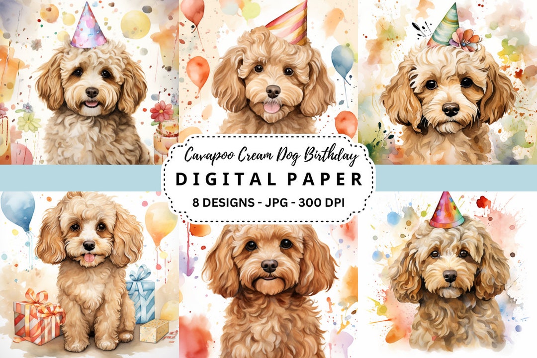 Cavapoo Cream Dog Birthday Backgrounds, Watercolor Celebrate Dog ...