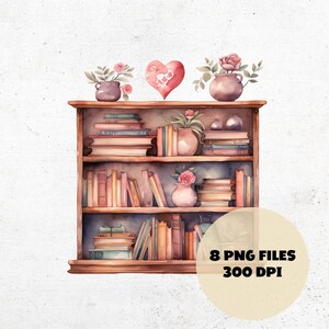 Romantic Bookshelf Clipart Bundle, Watercolor Beautiful Bookshelf High ...