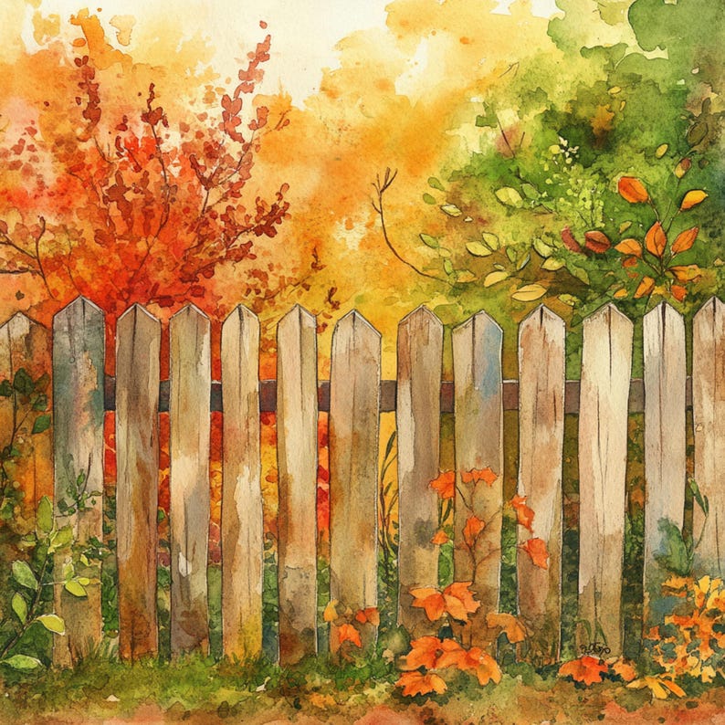 Autumn Garden Fence Watercolor Papers: Fall Floral Backgrounds (digital ...