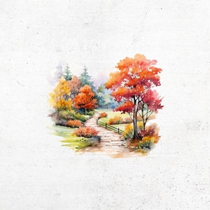 Watercolor Autumn Garden Landscape Clipart, Fall Garden PNG Bundle for ...