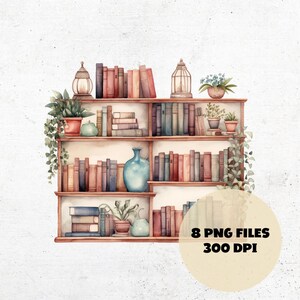Romantic Bookshelf Clipart Bundle, Watercolor Beautiful Bookshelf High ...