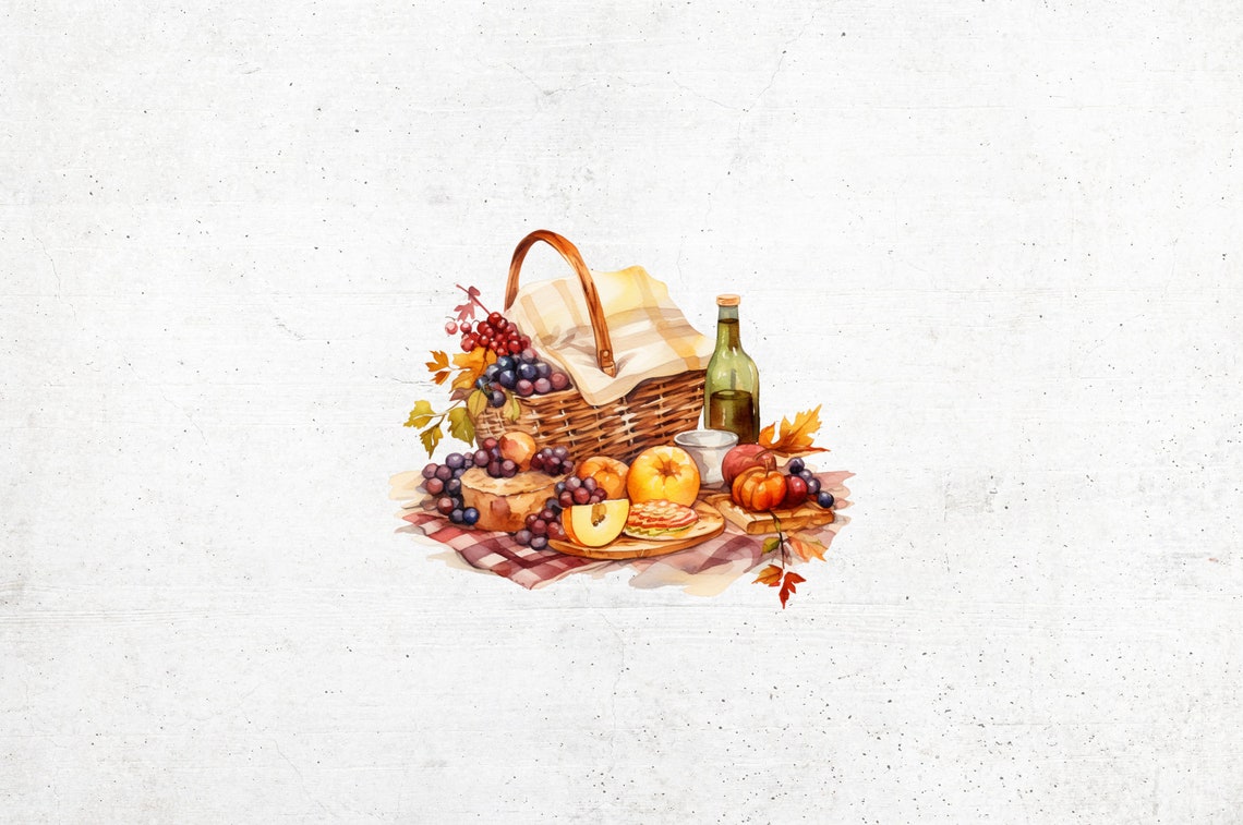 Watercolor Fall Picnic Clipart: Autumn Landscape PNG Bundle (commercial ...