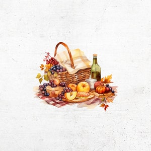Watercolor Fall Picnic Clipart: Autumn Landscape PNG Bundle (commercial ...