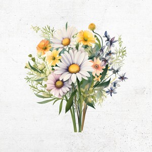 Watercolor Daisy Bouquet Clipart: Wildflower PNG Bundle (commercial Use ...