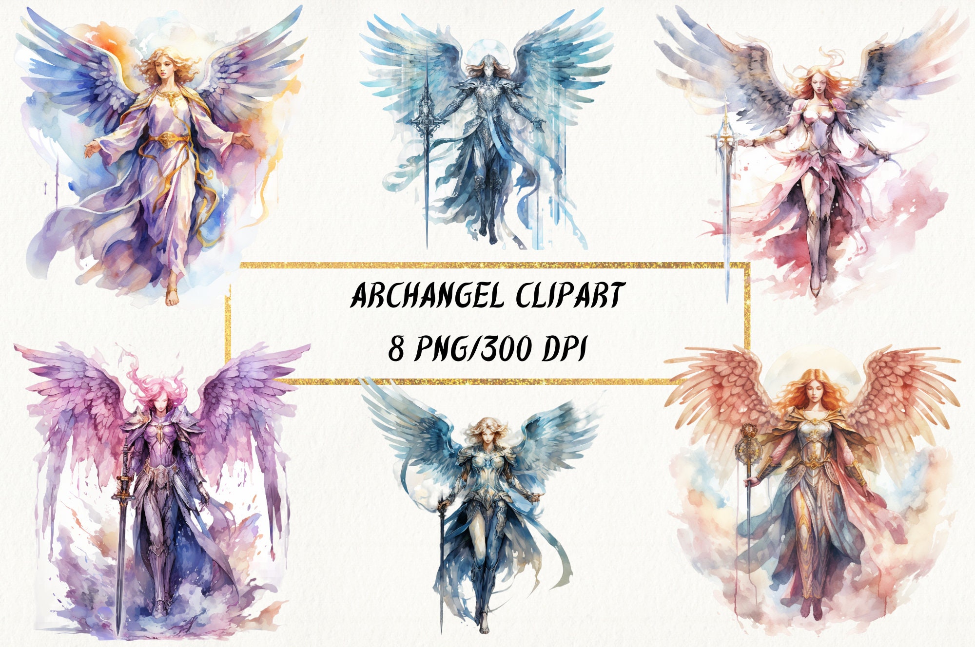 Watercolor Archangel Clipart: Fantasy Woman Warrior PNG Pack (digital ...