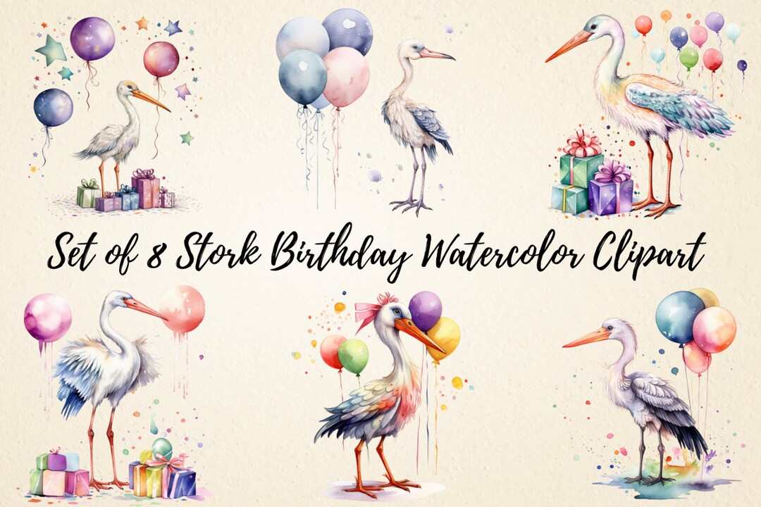 Stork Birthday Watercolor Clipart: Party Invitations, Nursery Art (PNG ...