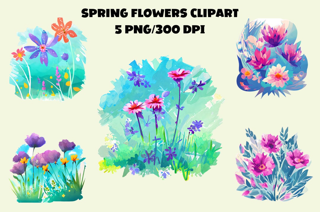 5 Wonderful Spring Flowers Clipart Set, Watercolor Floral PNG Pack ...