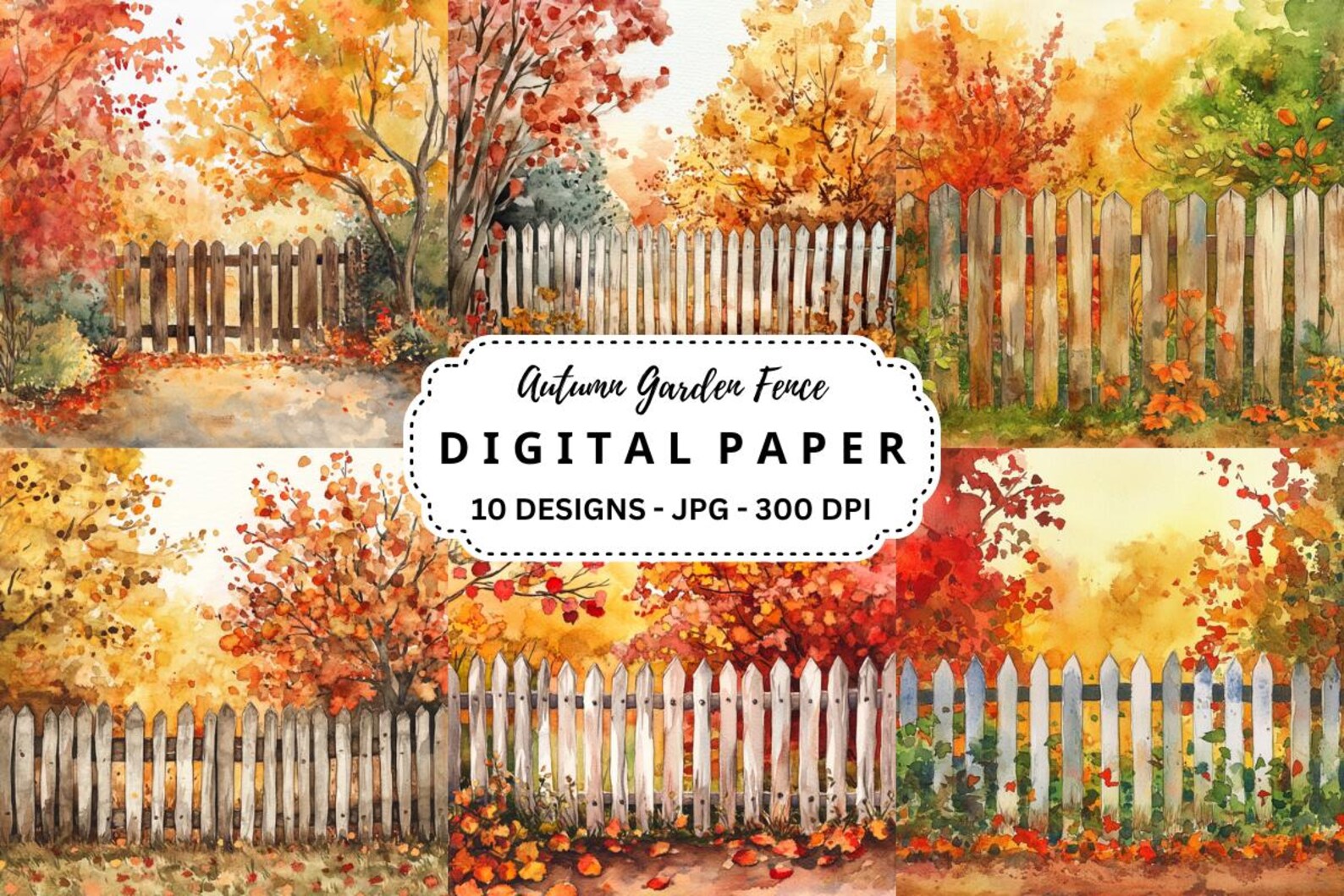 Autumn Garden Fence Watercolor Papers: Fall Floral Backgrounds (digital ...