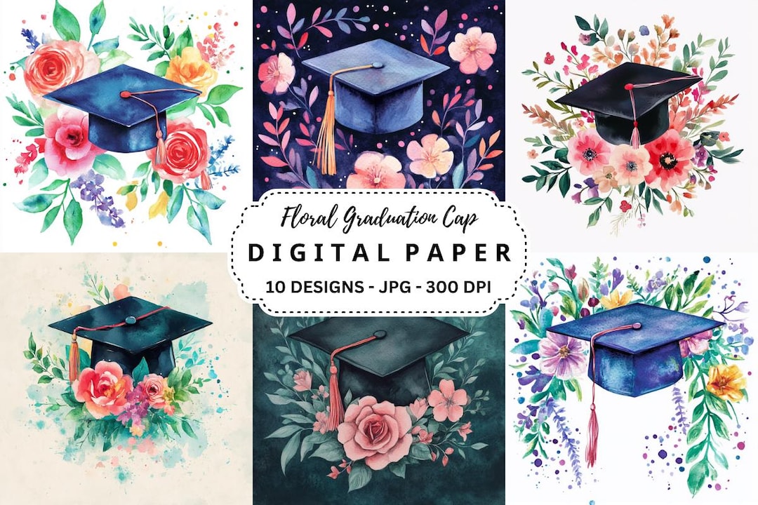 Floral Graduation Cap Clipart: Watercolor Backgrounds (JPG Digital ...