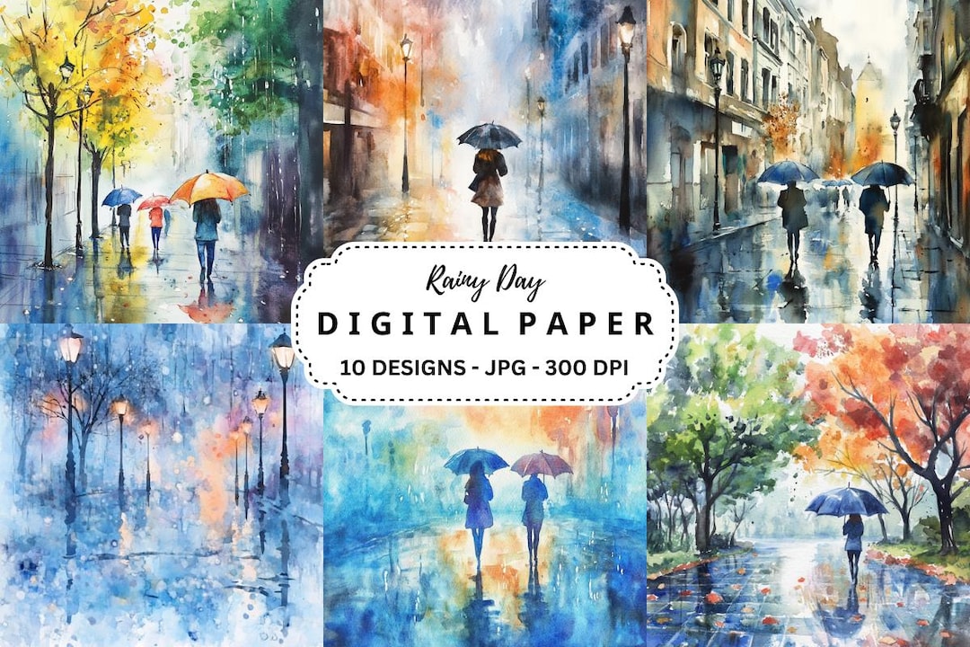 Rainy Day Street Watercolor Backgrounds: 10 JPG Images (instant ...