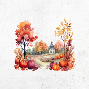 Watercolor Autumn Garden Landscape Clipart, Fall Garden PNG Bundle for ...