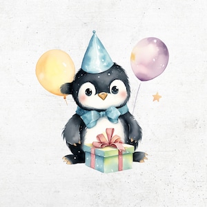Watercolor Penguin Birthday Clipart, Cute Penguin Party PNG Bundle ...