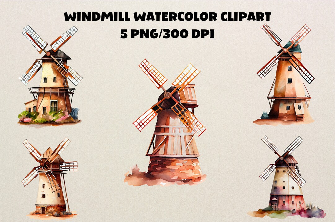 Windmill Watercolor Clipart Sublimation Bundle 5 Pack PNG - Etsy