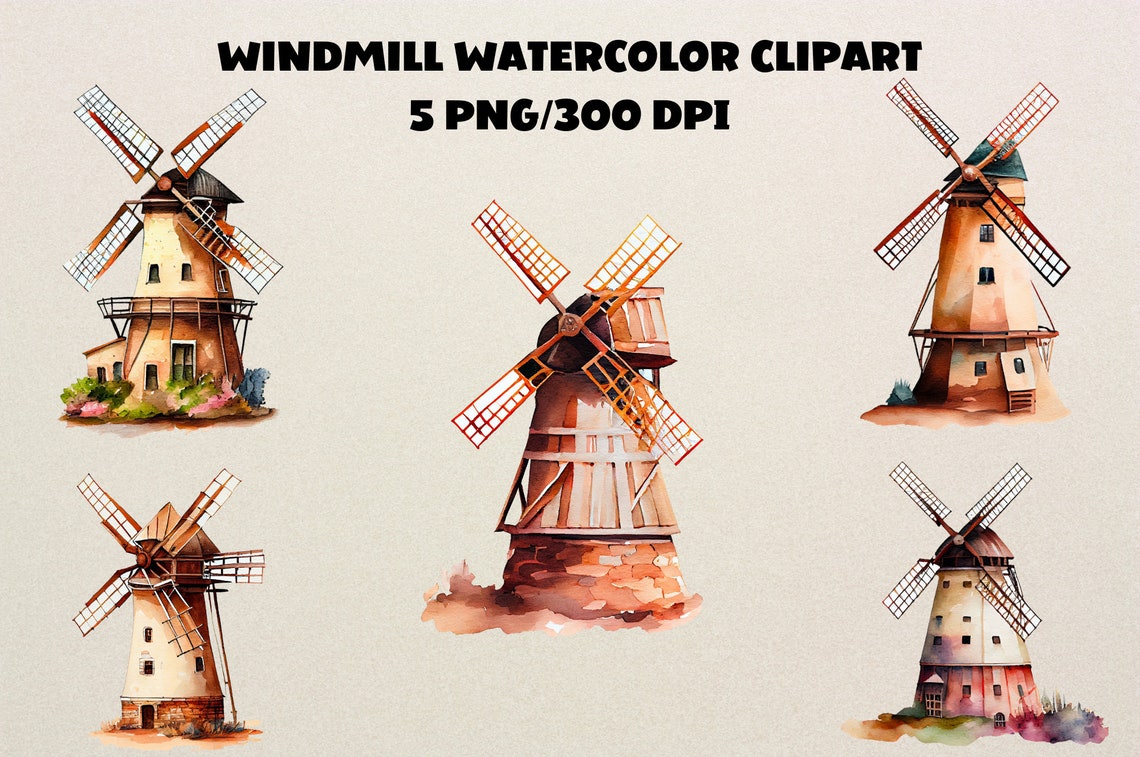 Windmill Watercolor Clipart Sublimation Bundle 5 Pack PNG - Etsy