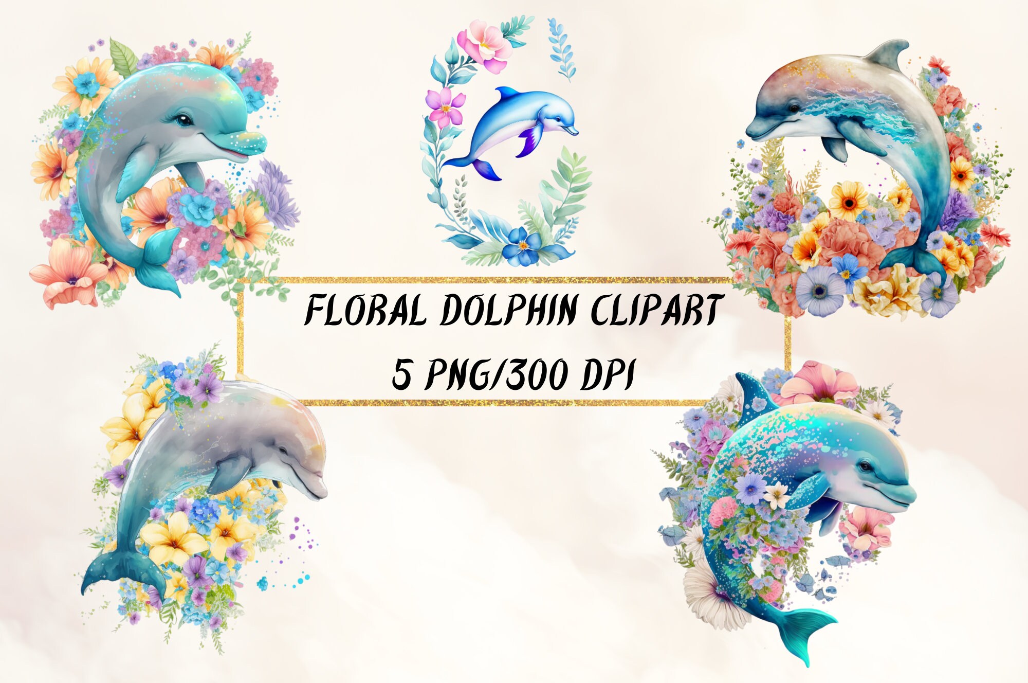 Watercolor Floral Dolphin Clipart Sea Animal PNG Transparent - Etsy