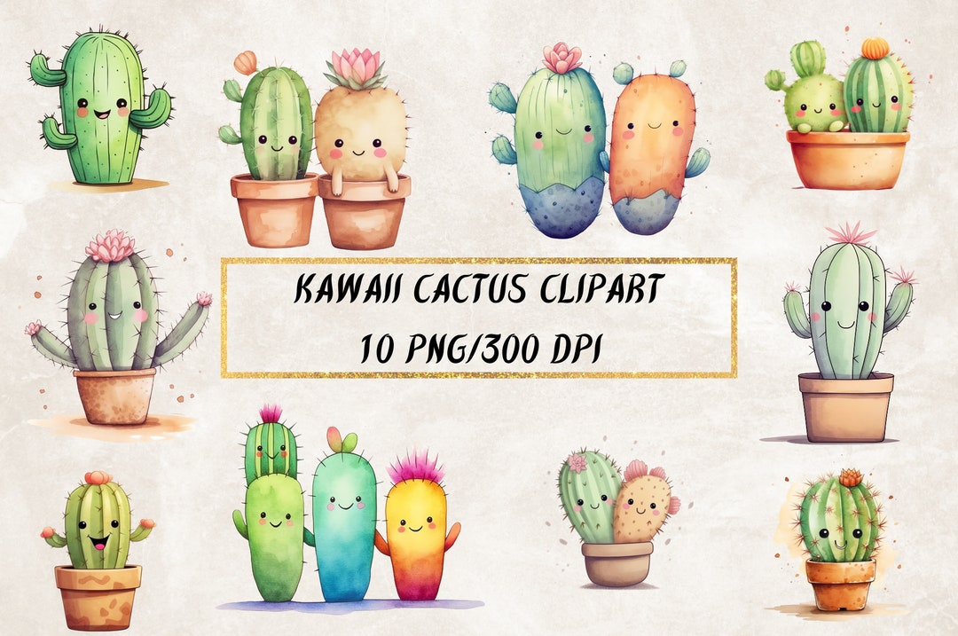 Watercolor Kawaii Cactus Clipart, Cacti Baby Shower Clipart, 10 Cute ...