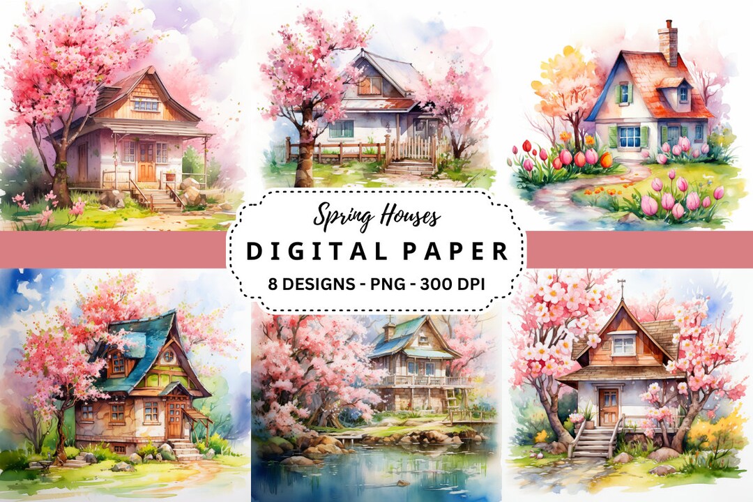 Watercolor Spring Houses Digital Paper, High Quality PNG Backgrounds ...