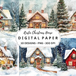 Watercolor Christmas House Digital Paper: Rustic Winter Backgrounds ...