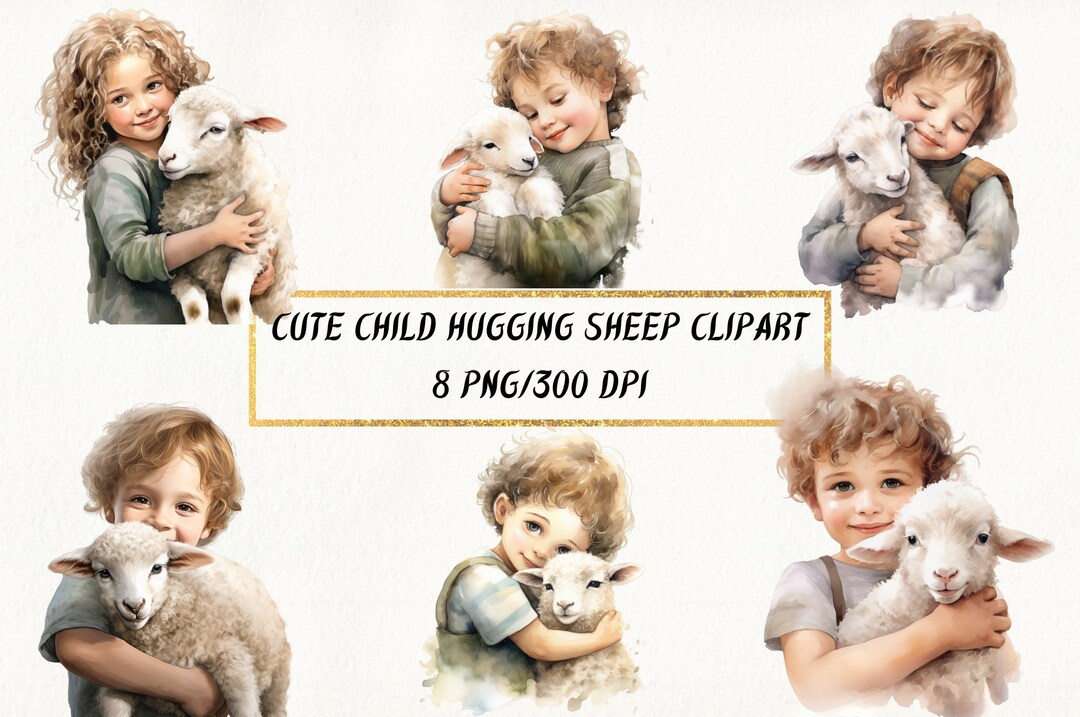 Cute Child Hugging Sheep Watercolor Clipart, Kids Hugging Sheep PNG ...