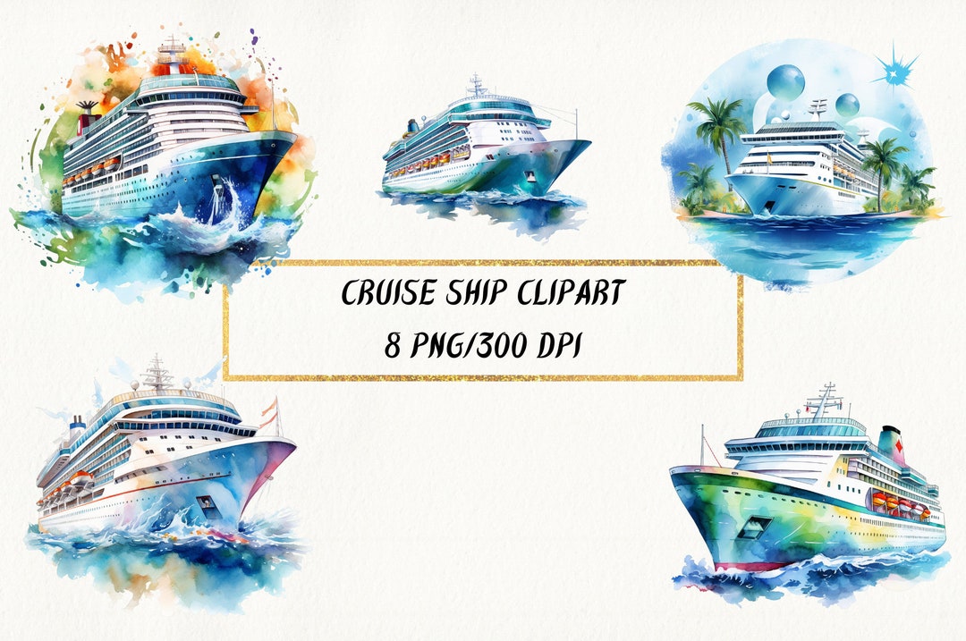Watercolor Cruise Ship Clipart: Nautical Vacation PNG Bundle (digital ...