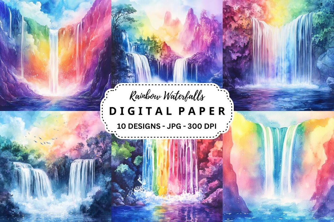 Rainbow Waterfalls Watercolor Backgrounds: Scrapbook Paper (digital ...