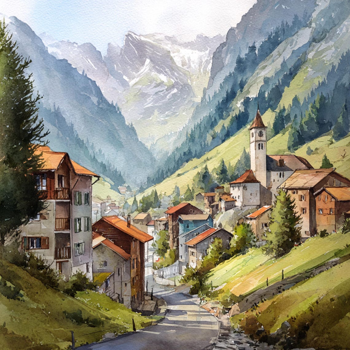 Swiss Alps Watercolor Images: Village Scenes for Scrapbooking (JPG ...