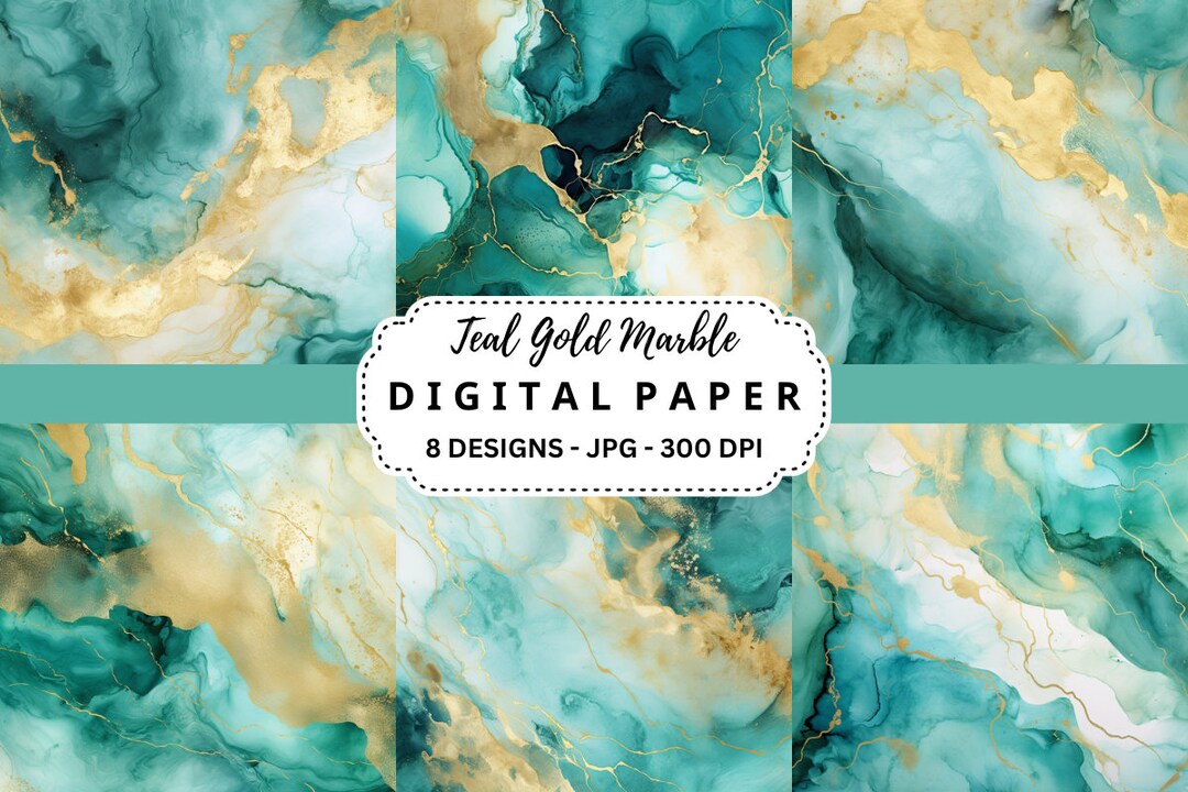 Teal Gold Marble Digital Paper: Elegant Scrapbook Backgrounds (JPG ...