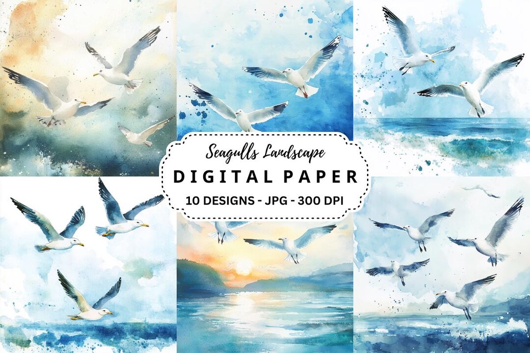 Seagulls Landscape Clipart Bundle, Watercolor Digital Papers, 10 High ...