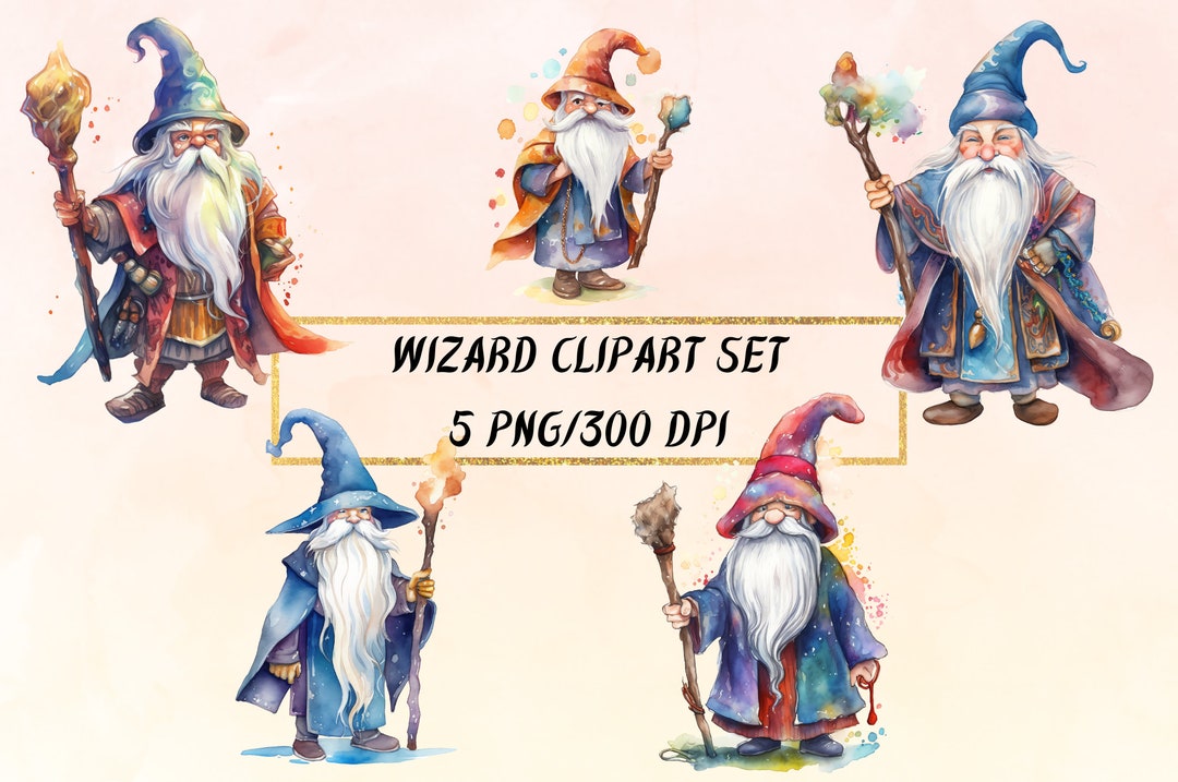 Watercolor Magical Wizard Clipart Set, Magic Clipart, 5 Wizards PNG ...