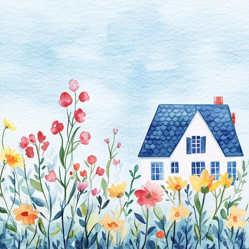 Clipart de casa floral: Paquete de papel digital de acuarela (JPG ...