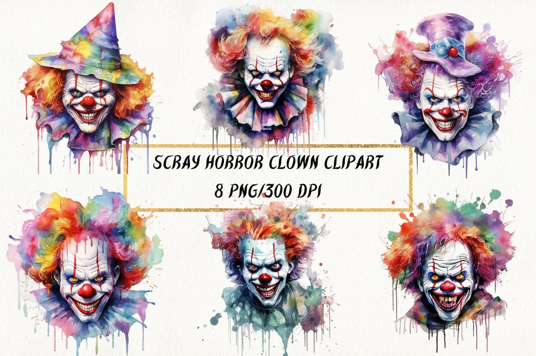 Watercolor Scray Horror Clown Clipart, Devil Clowns PNG Bundle, Fantasy ...