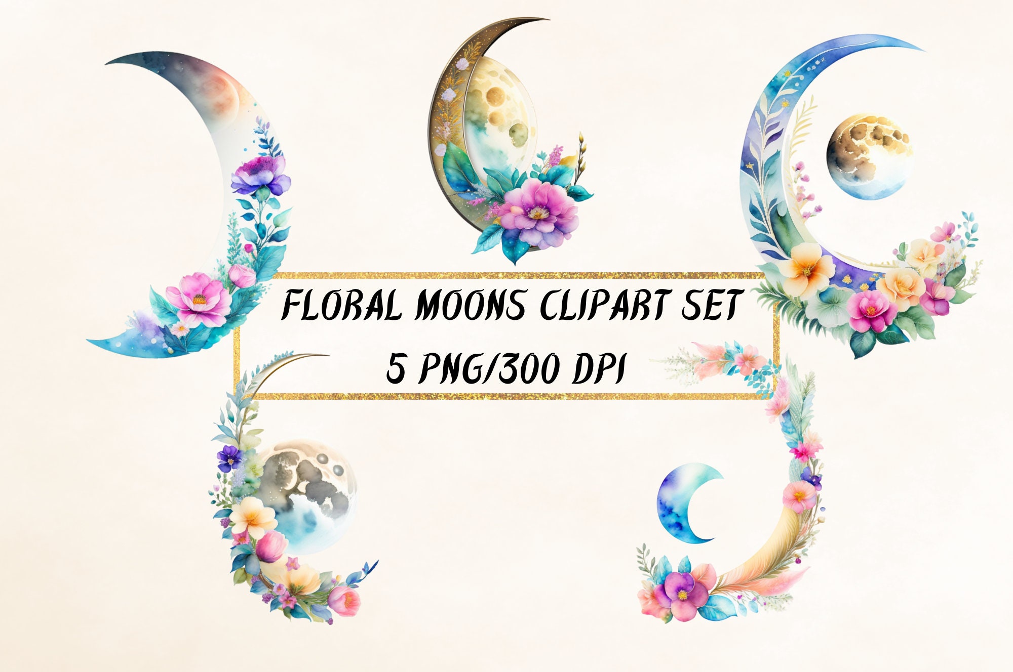 Watercolor Boho Floral Moons Clipart, Crescent Moon Bundle, Floral ...