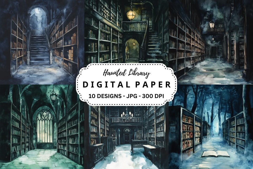 Haunted Library Watercolor Clipart: Vintage Scrapbook Paper (digital ...