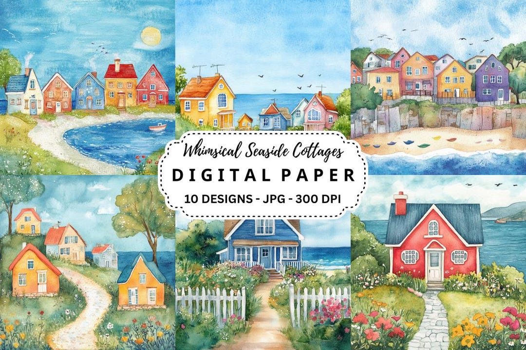 Watercolor Seaside Cottages Clipart: JPG Backgrounds for Scrapbooking ...