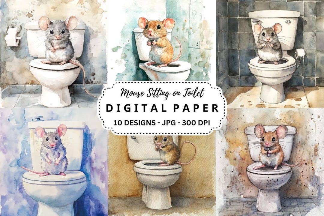 Watercolor Mouse on Toilet Clipart: 10 Jpgs for Junk Journals (digital ...
