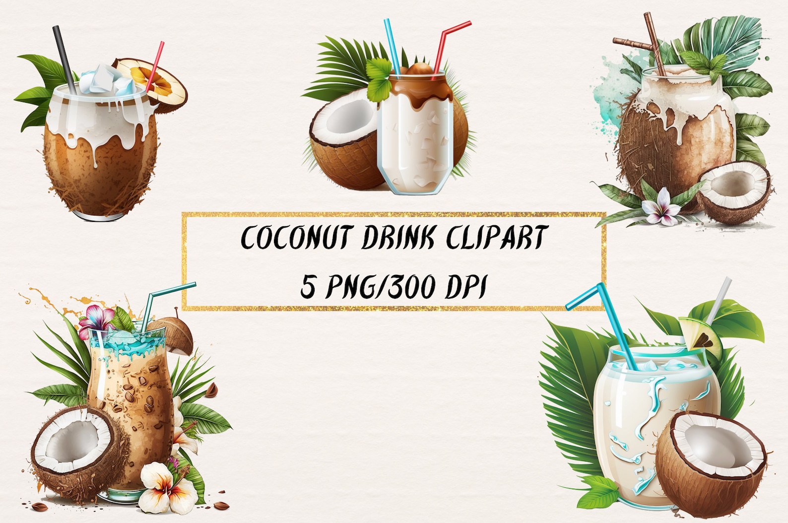 Watercolor Coconut Drink Clipart: Summer Cocktail PNG Bundle (digital ...