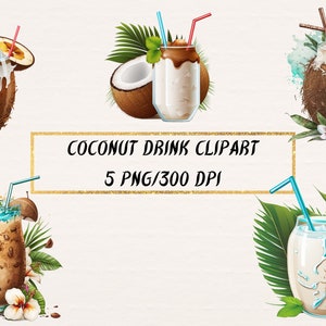 Watercolor Coconut Drink Clipart: Summer Cocktail PNG Bundle (digital ...