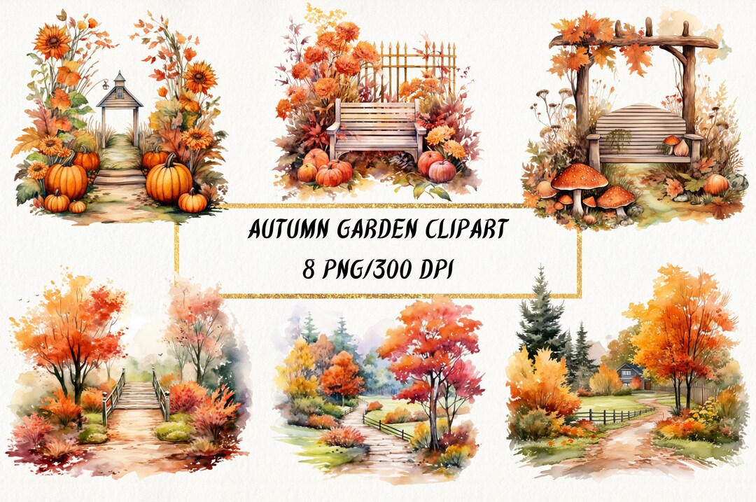 Watercolor Autumn Garden Landscape Clipart, Fall Garden PNG Bundle for ...