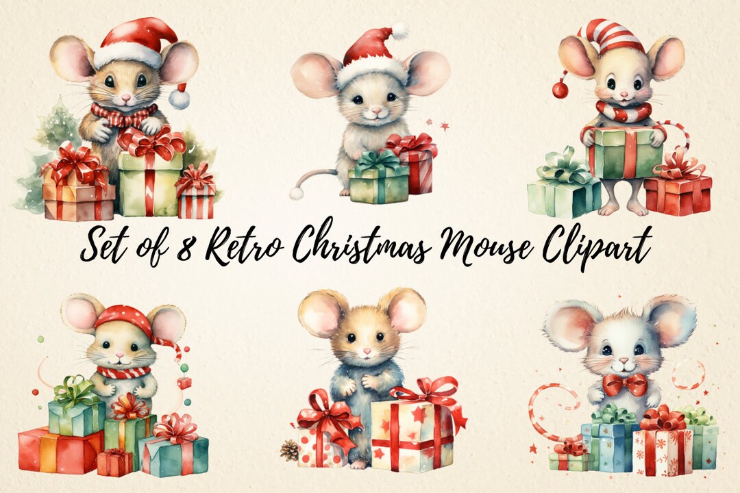 Retro Christmas Mouse Clipart, Watercolor Cute Christmas Mouse PNG ...